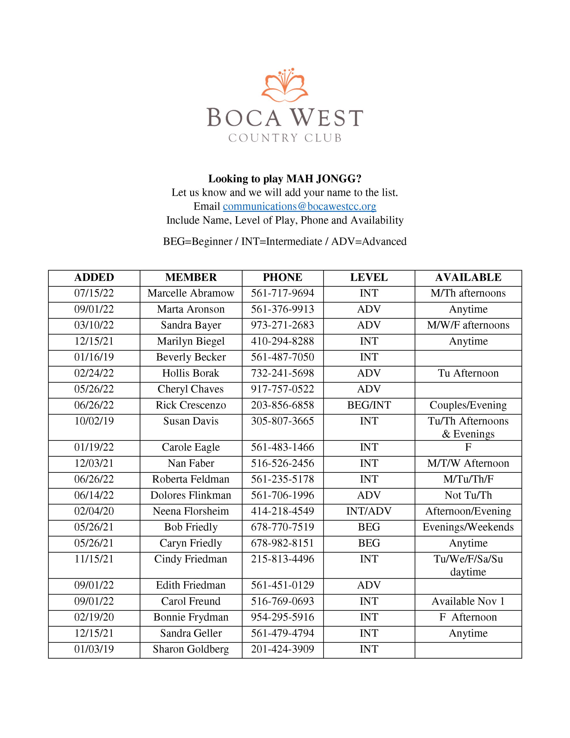 Boca West | Bridge & Cards | Mah Jongg